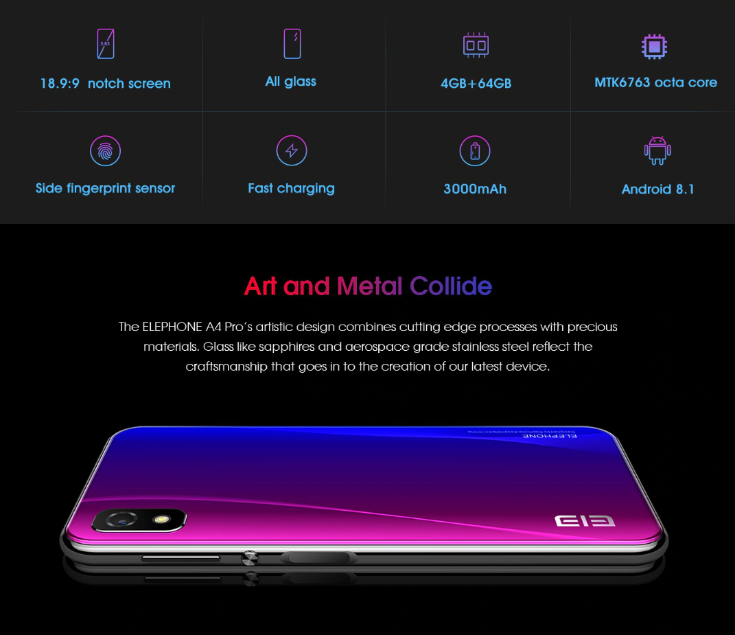 Elephone A4 Pro サイド指紋認証5.85インチノッチディスプレイスマホが$139.99 | ガジェットフリーク